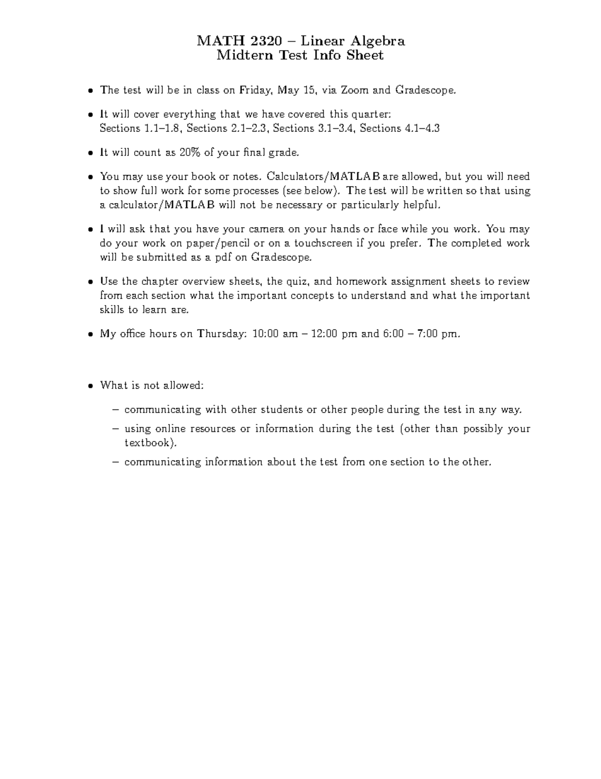 1-1 - practice midterm - MATH 2320 – Linear Algebra Midtern Test Info ...