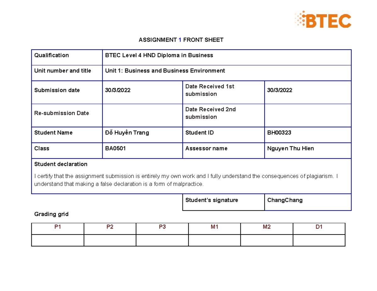 1-5032- Frontsheet 1-Assignment 1 - ASSIGNMENT 1 FRONT SHEET Qualification BTEC Level 4 HND ...