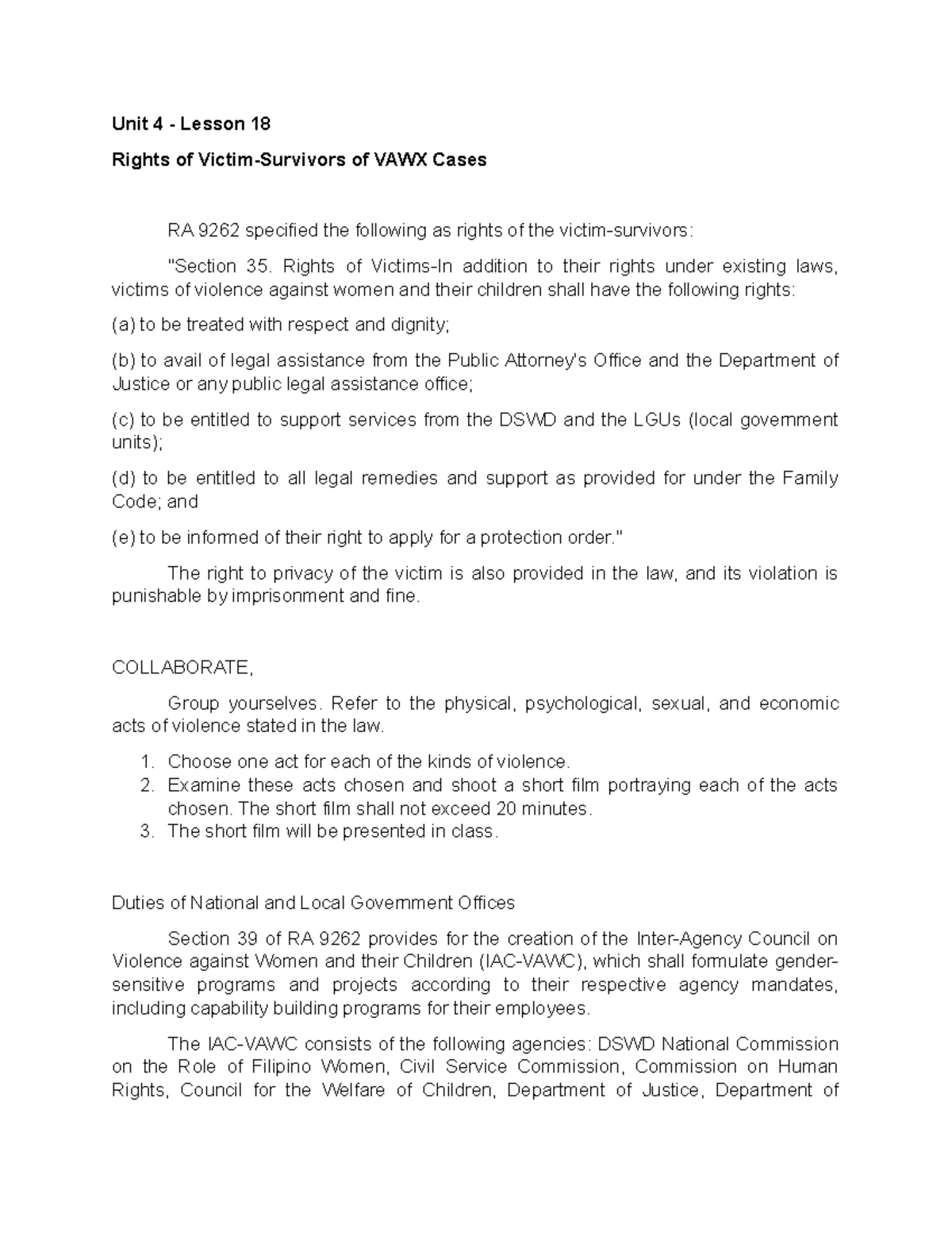 Rights of Victim-Survivors of VAWX Cases and Actual Cases - Unit 4 ...