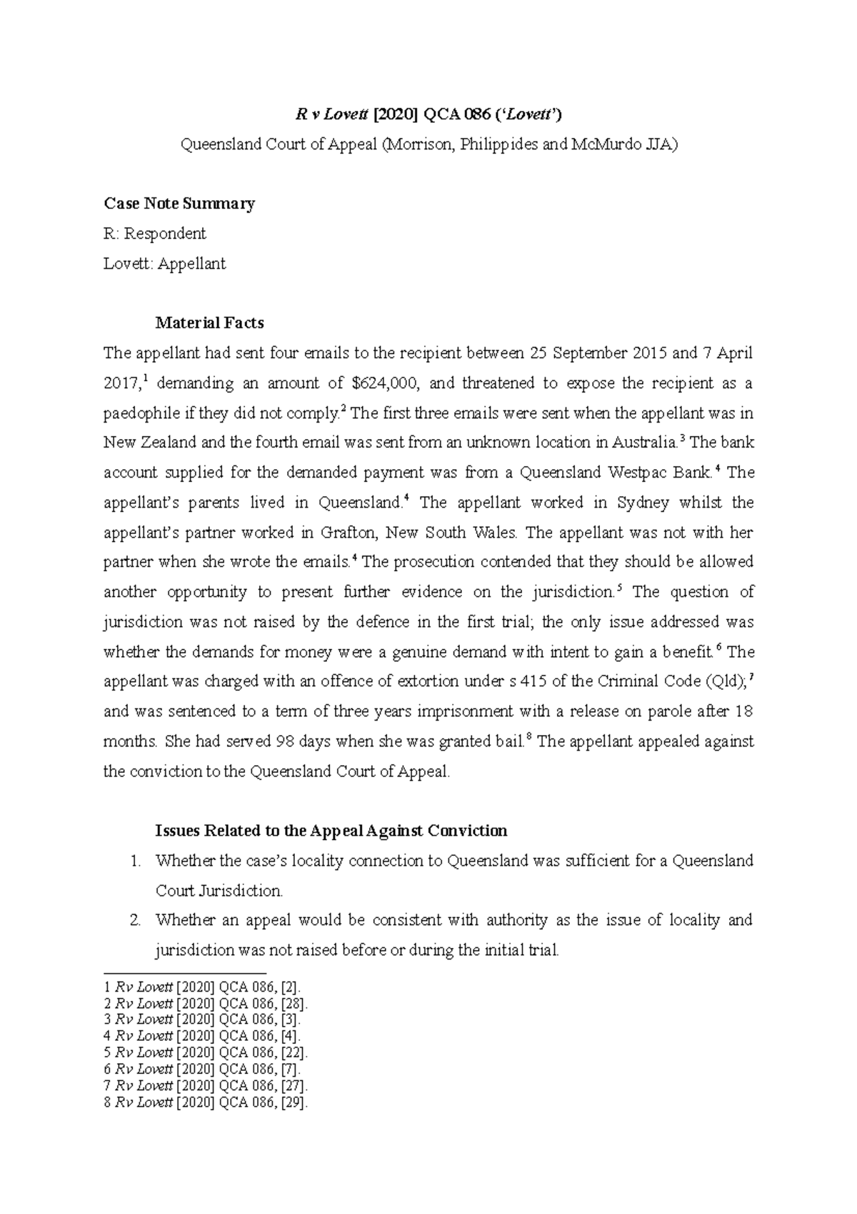 Case Note Assignment - R v Lovett [2020] QCA 086 (‘ Lovett ...