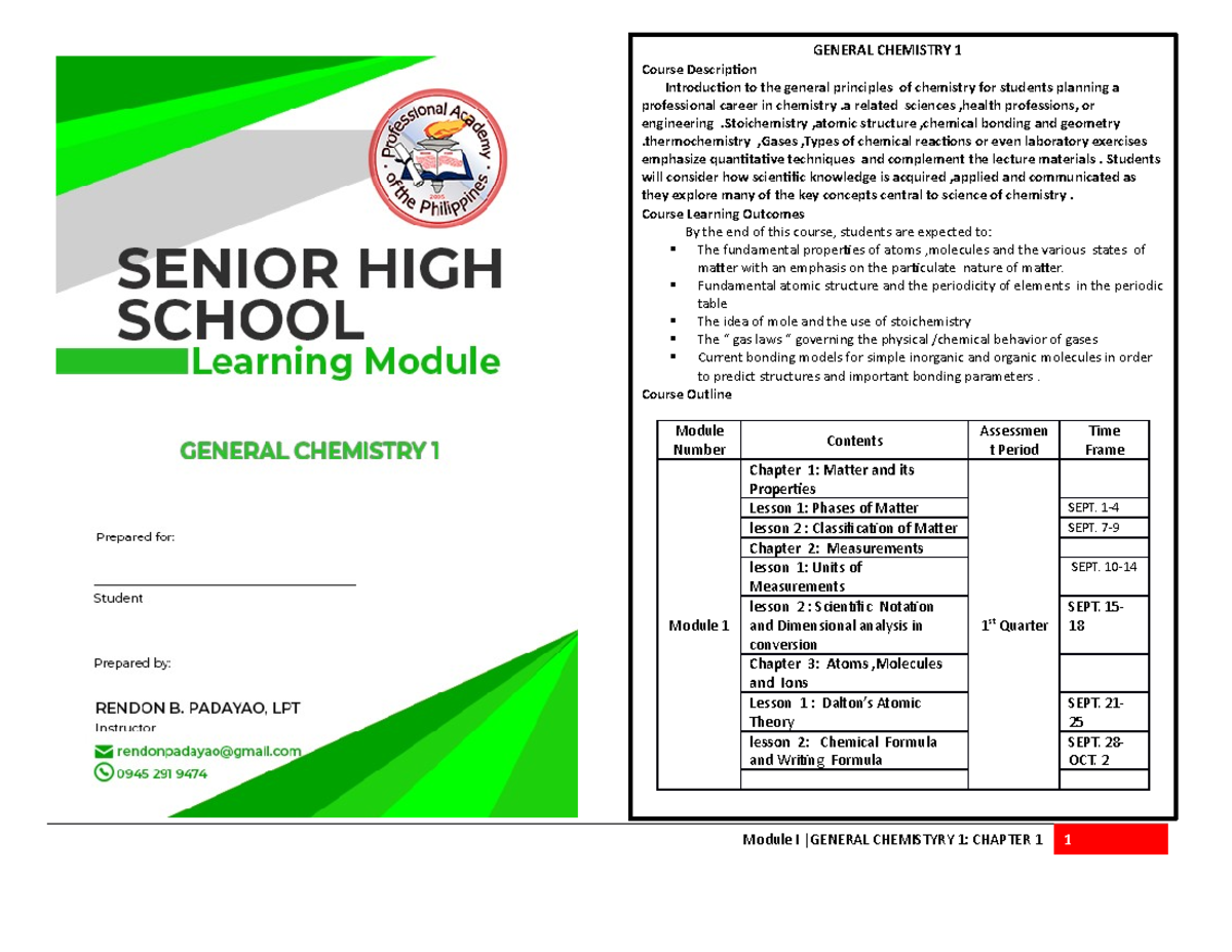 Module 1 CHEM 1 Chapter 1 - GENERAL CHEMISTRY 1 Course Description ...