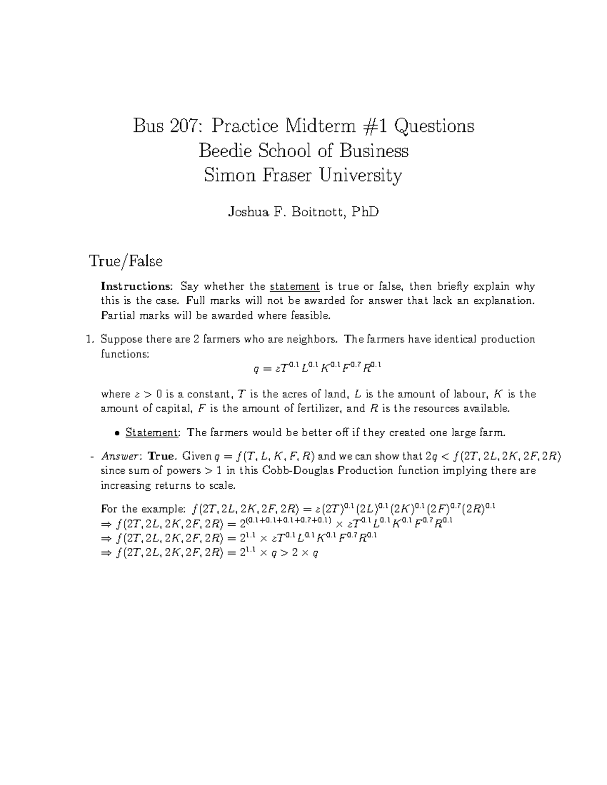 BUS 207 Practice MT - Bus 207: Practice Midterm #1 Questions Beedie ...