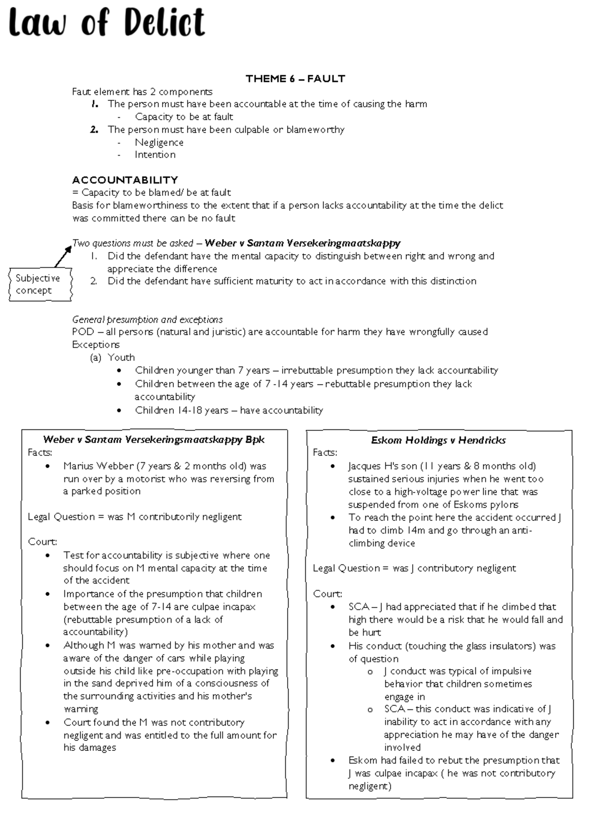 Law of delict (fault and wrongfulness) - THEME 6 – FAULT Faut element ...