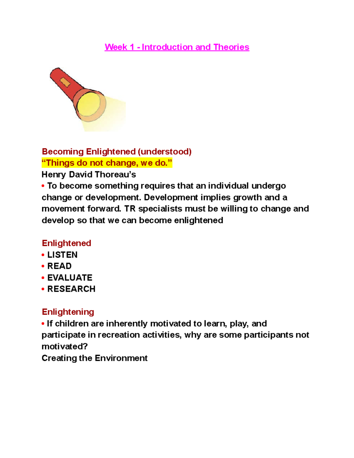 Facilitation in Recreational Therapy - Notes - Week 1 - Introduction ...