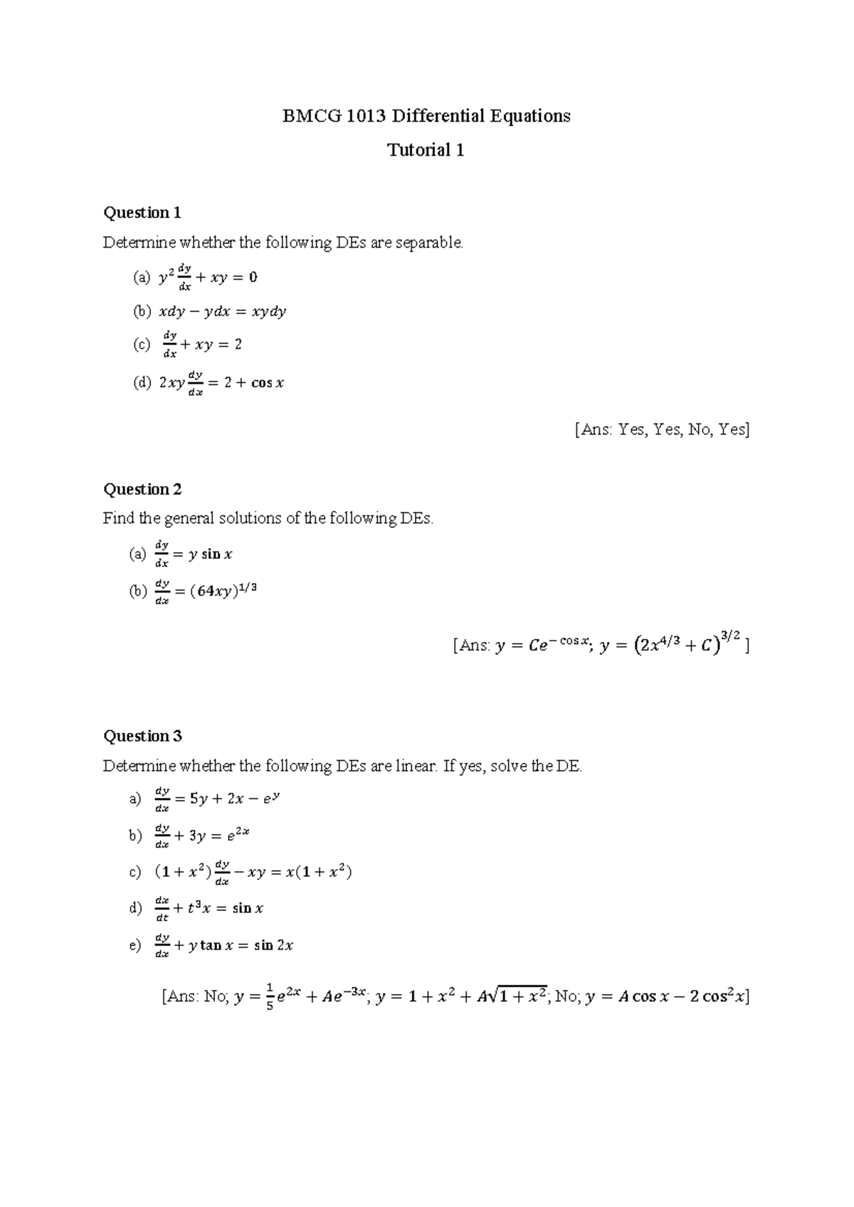 Tutorial 1 - BMCG 1013 Differential Equations Tutorial 1 Question 1 ...