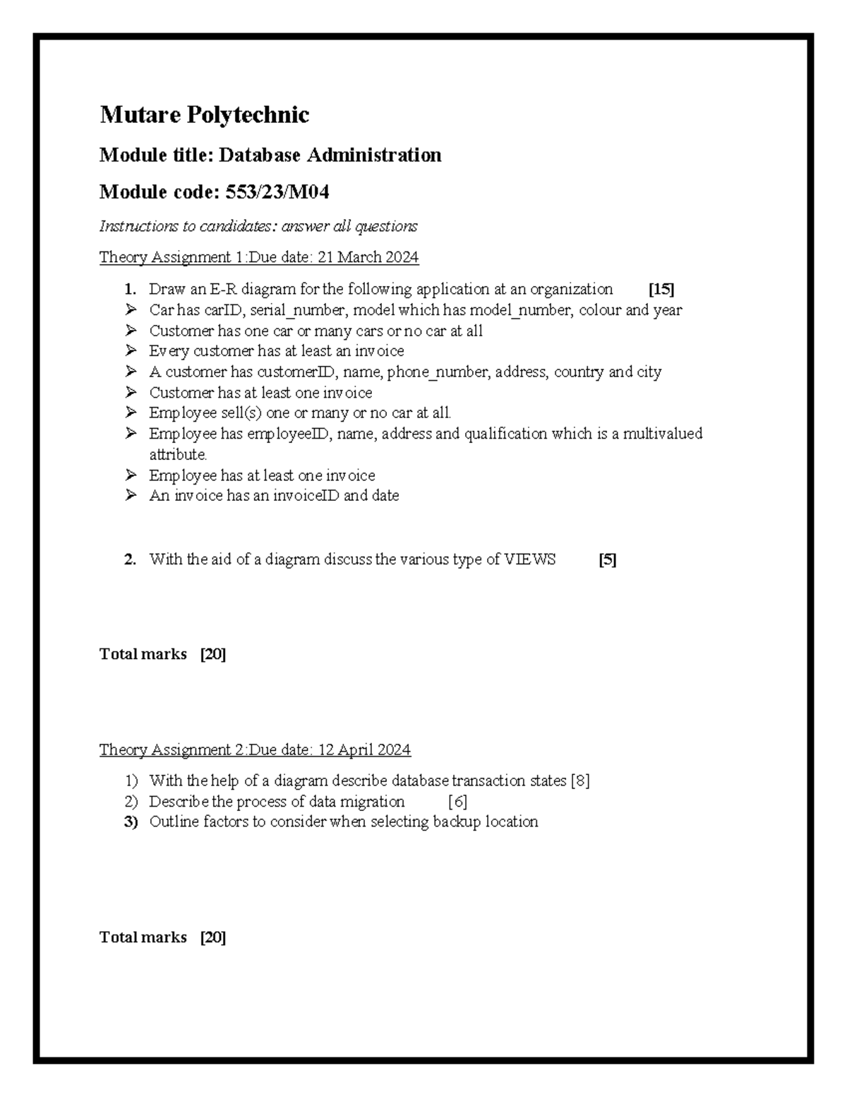Assign 1&2 - Mutare Polytechnic Module title: Database Administration ...