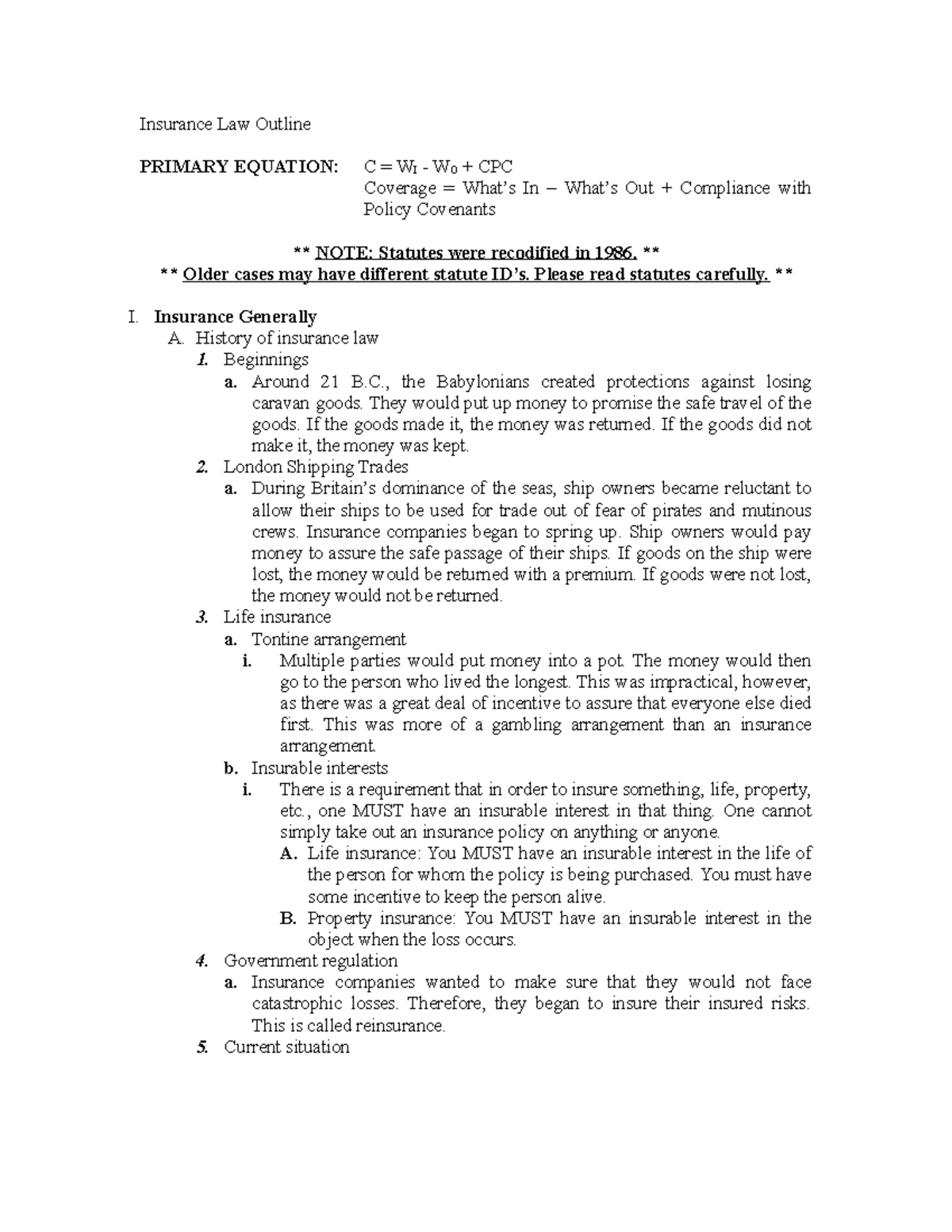 Insurance law - ** ** Older cases may have different statute ID’s ...