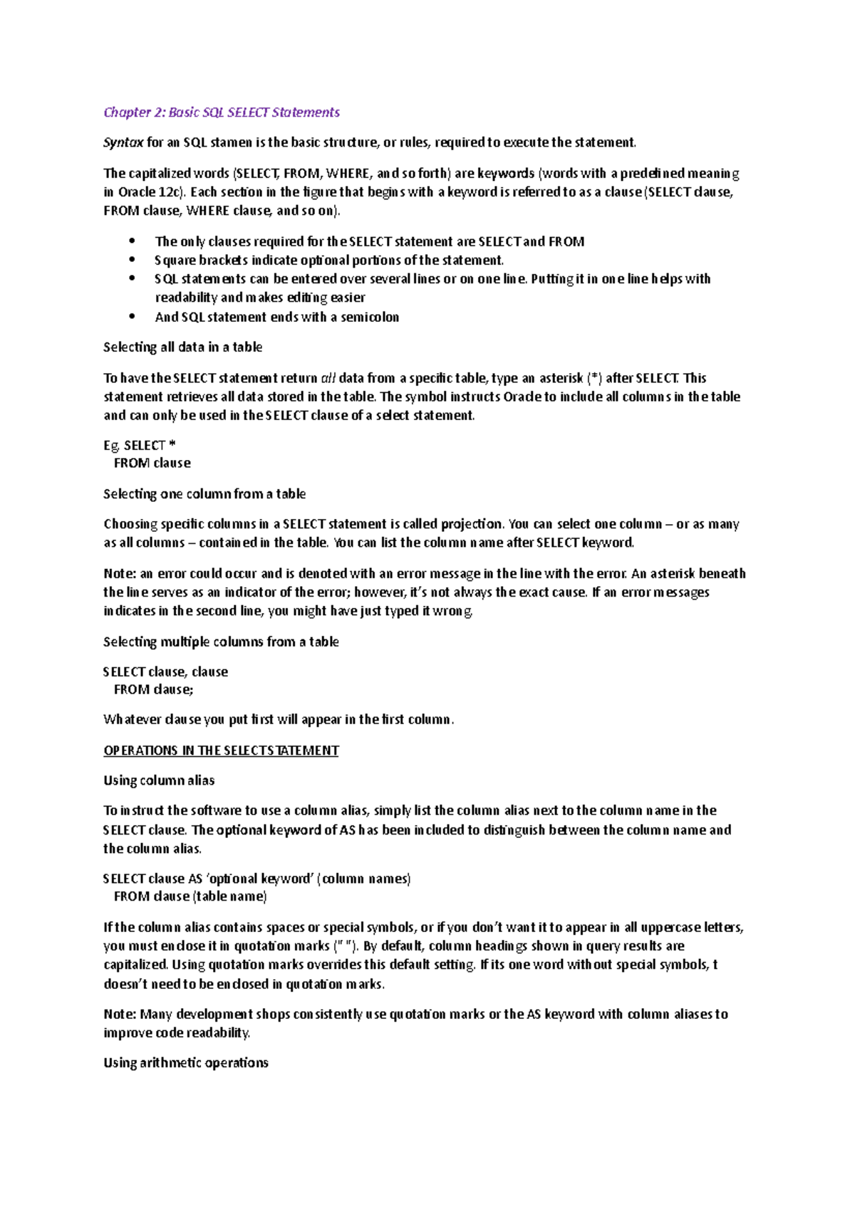 Oracle notes 8 & 2 Summary - Chapter 2: Basic SQL SELECT Statements ...