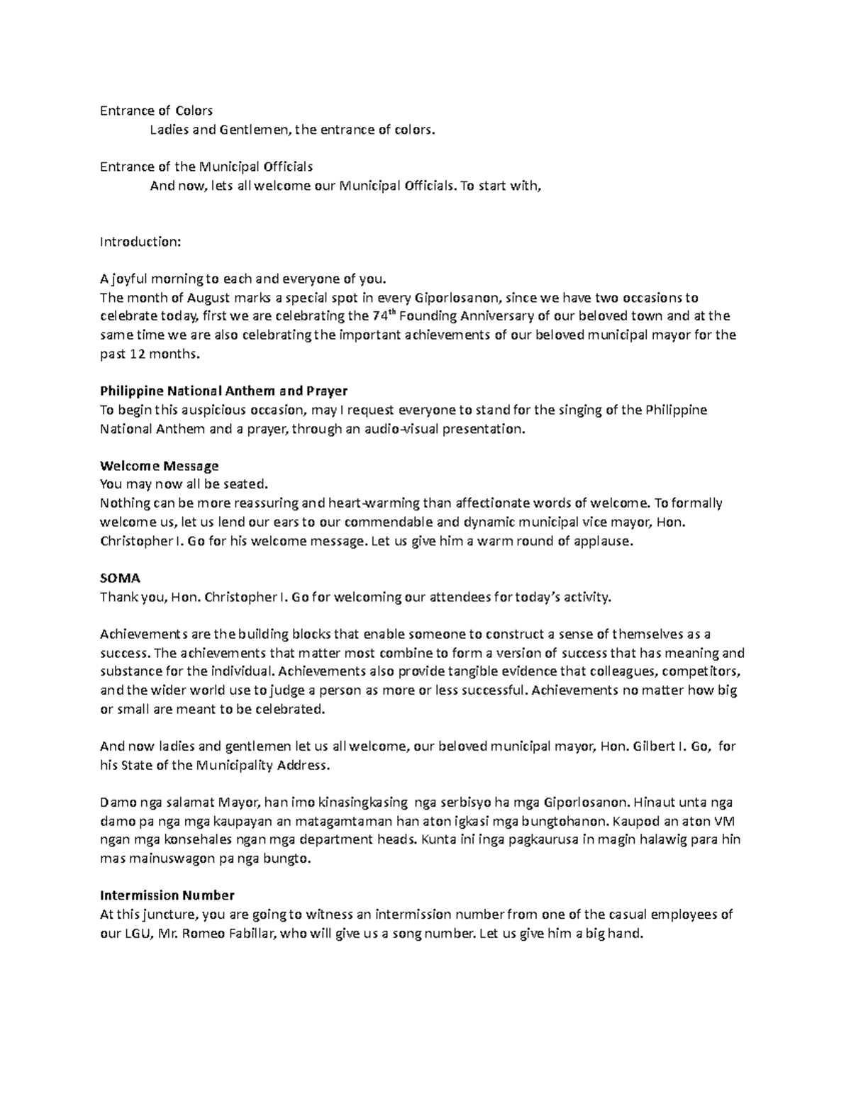 Emcee Script Podlos - None - Entrance of Colors Ladies and Gentlemen ...