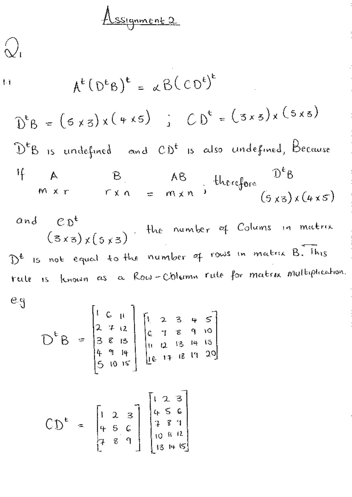 MAT1503 Assignment 2 Solution 2024 - Assignment 2 Q. 1 xB(CD9) DtB ( x x 3 ) x(4x5) (3x3) X (5x3 ...