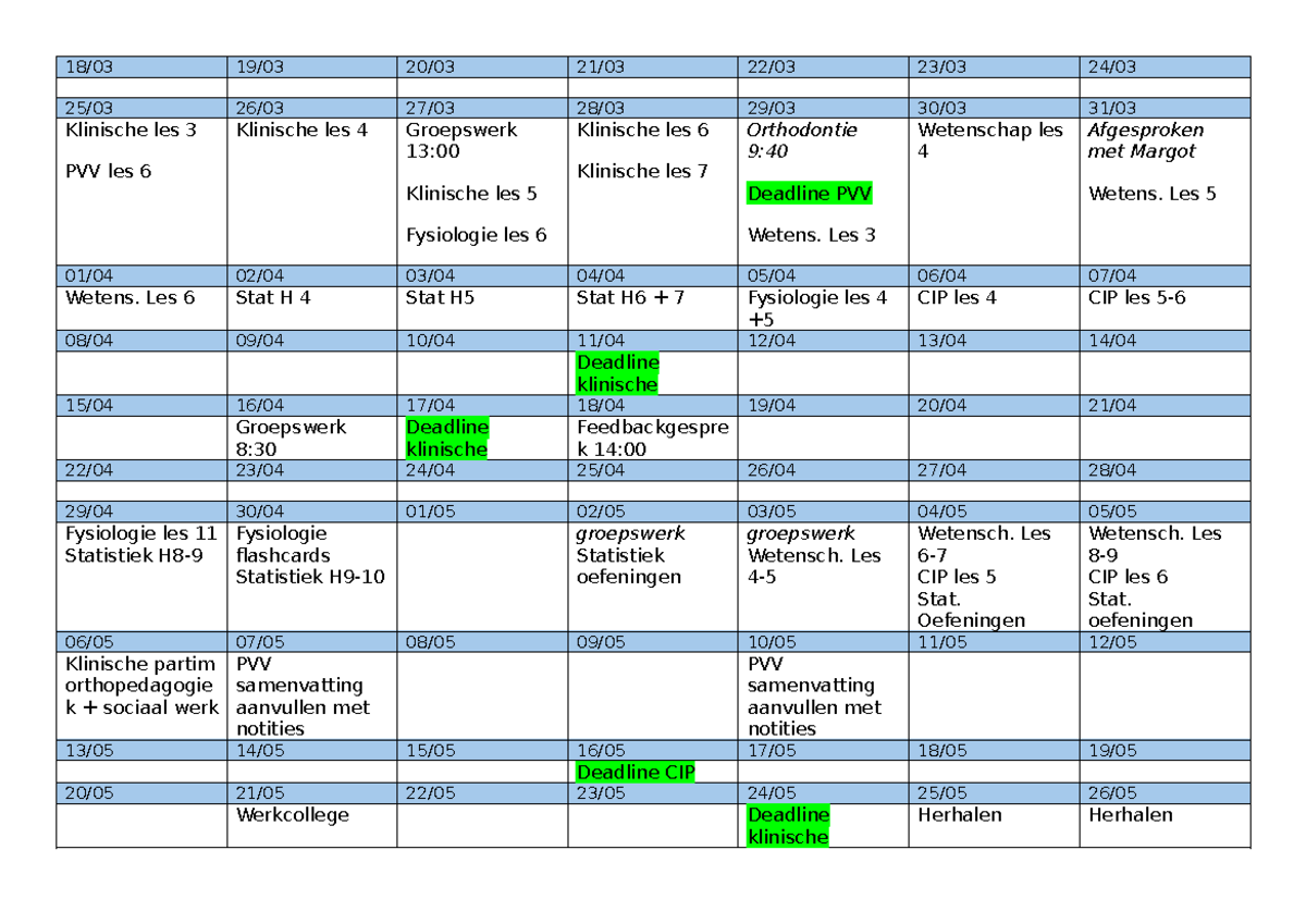 Examenplanning - dr dre* - 18/03 19/03 20/03 21/03 22/03 23/03 24/ 25 ...