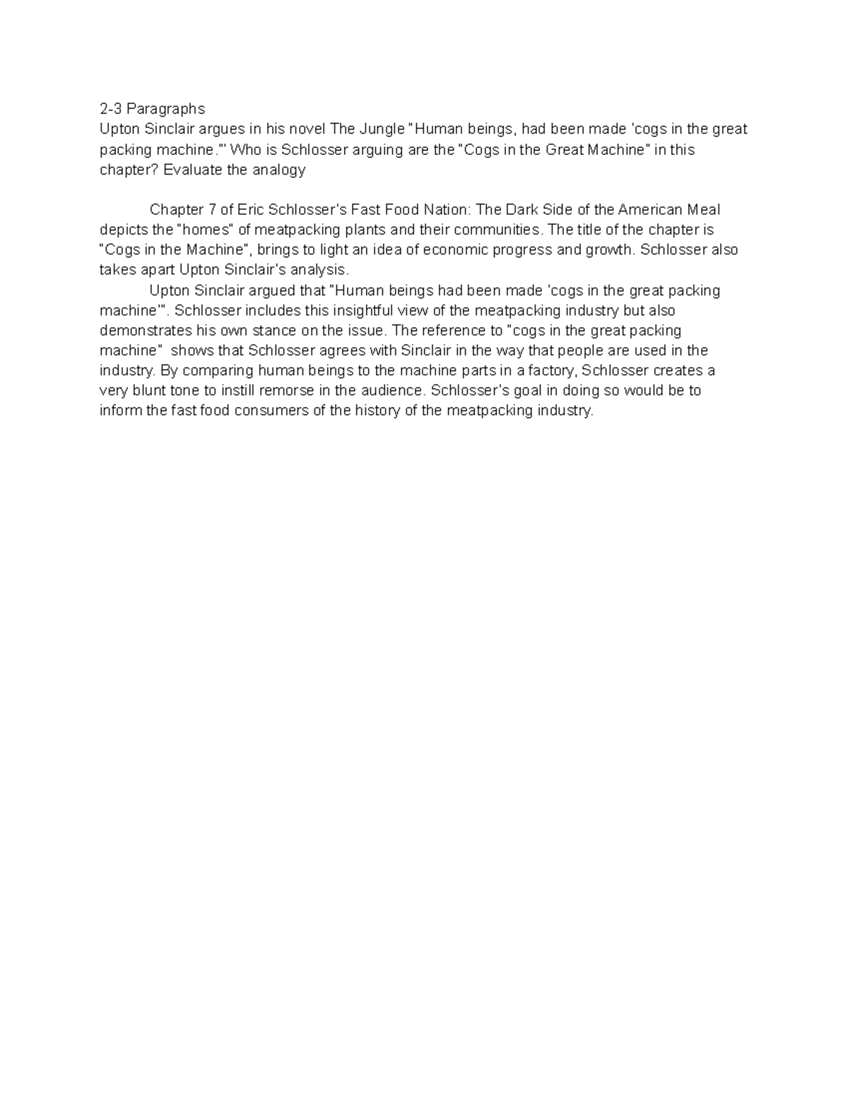 Ch 7 Summary - FFN - 2-3 Paragraphs Upton Sinclair argues in his novel ...