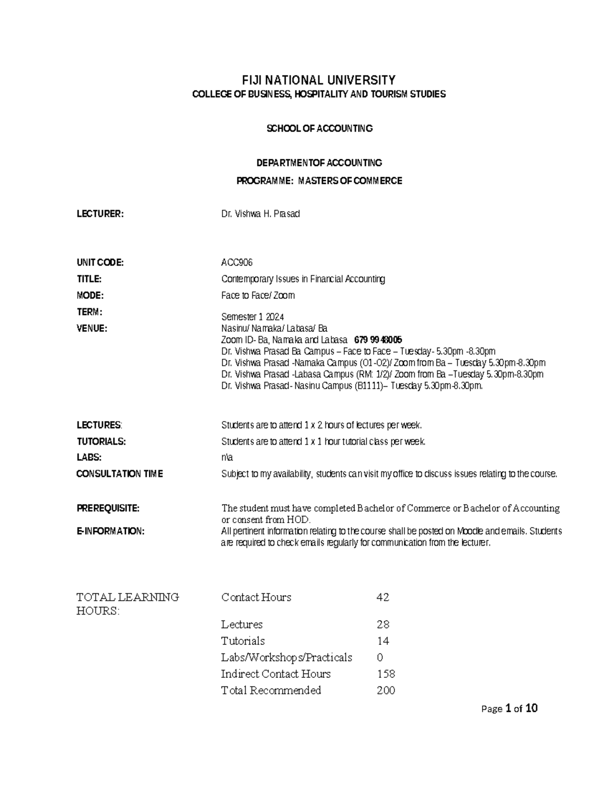 ACC-906 Course outline - FIJI NATIONAL UNIVERSITY COLLEGE OF BUSINESS ...