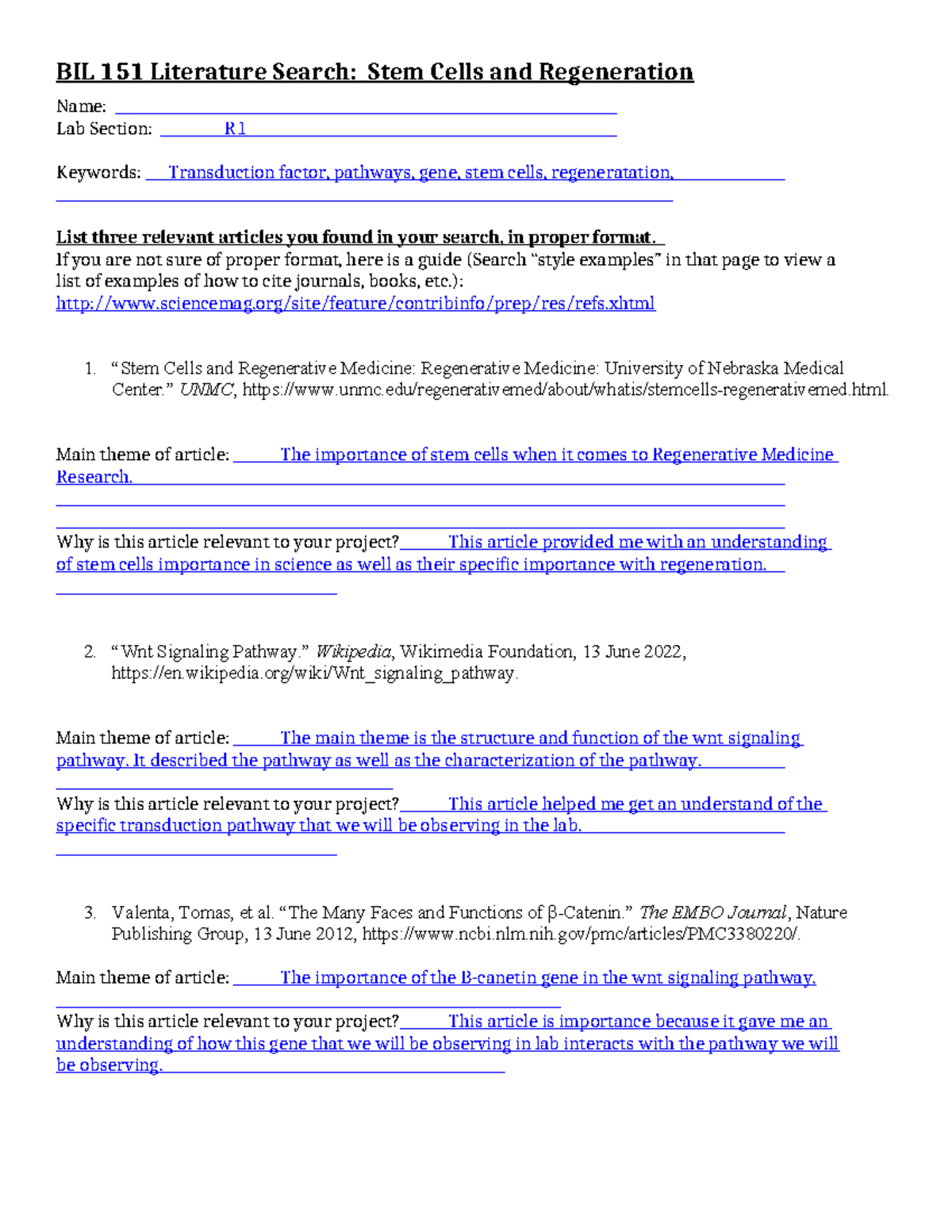 151F21 regeneration litsearch template planaria - BIL 151 Literature ...