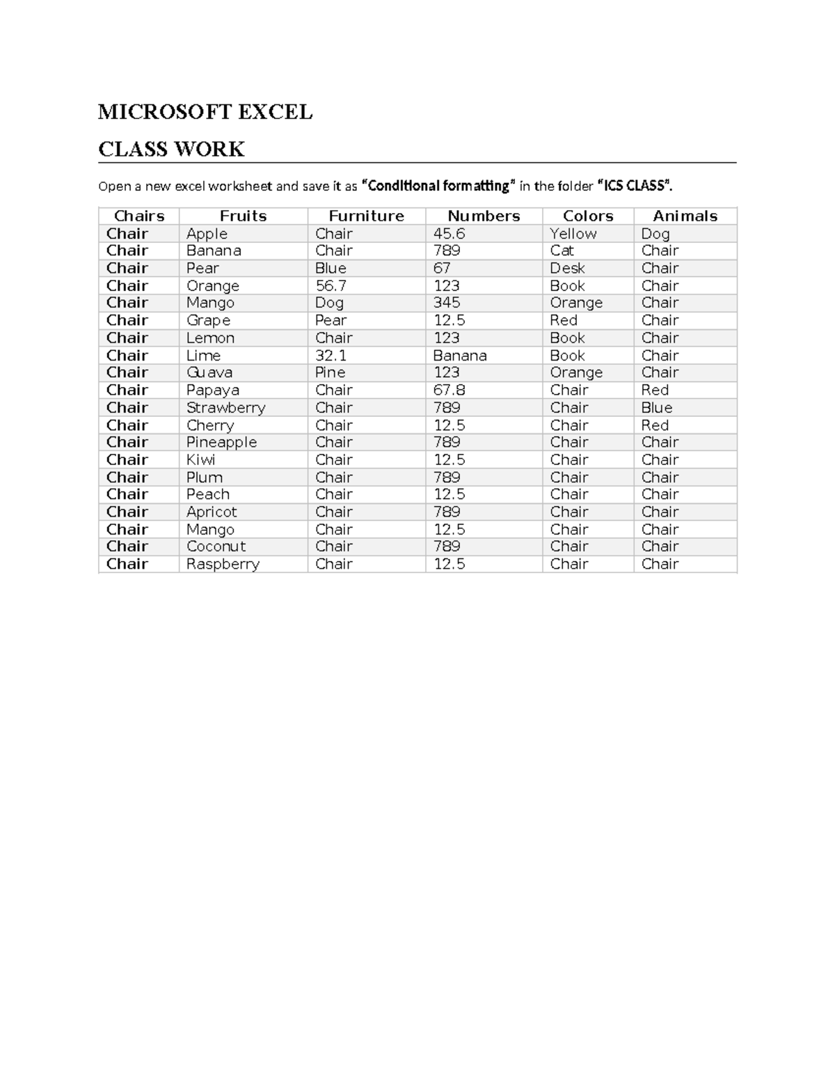 Microsoft Excel - notes 1 - MICROSOFT EXCEL CLASS WORK Open a new excel ...