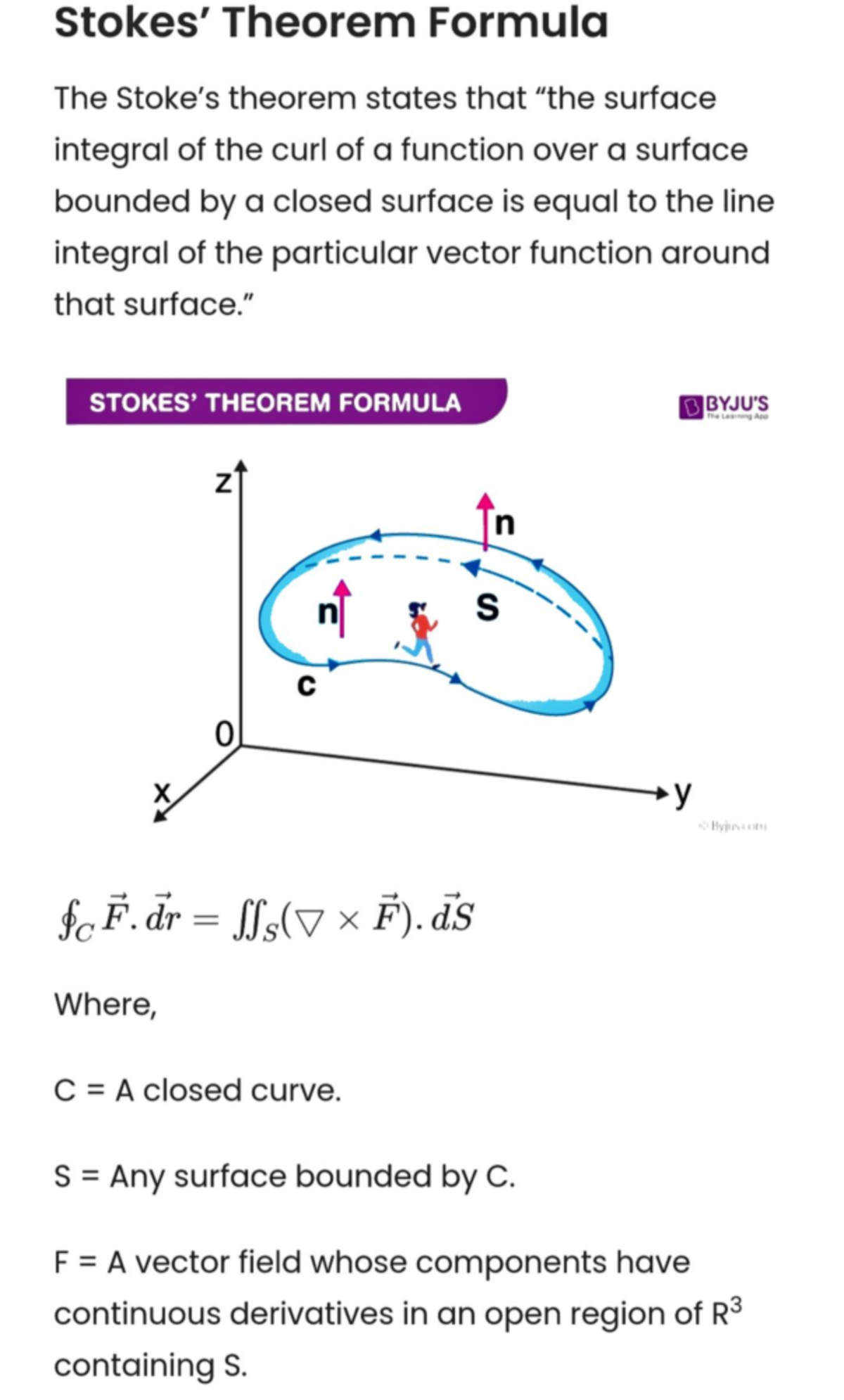 Stokes theorem - Theorem Formula The theorem states that surface ...