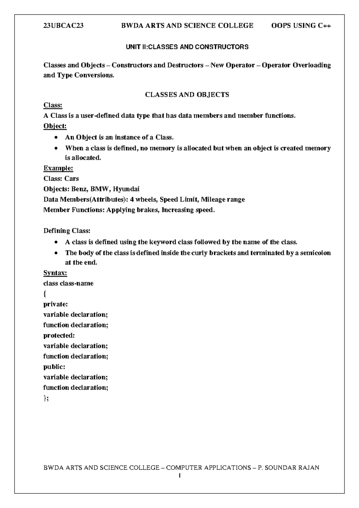 UNIT II PROGRAMMING IN CPP - BWDA ARTS AND SCIENCE COLLEGE – COMPUTER ...