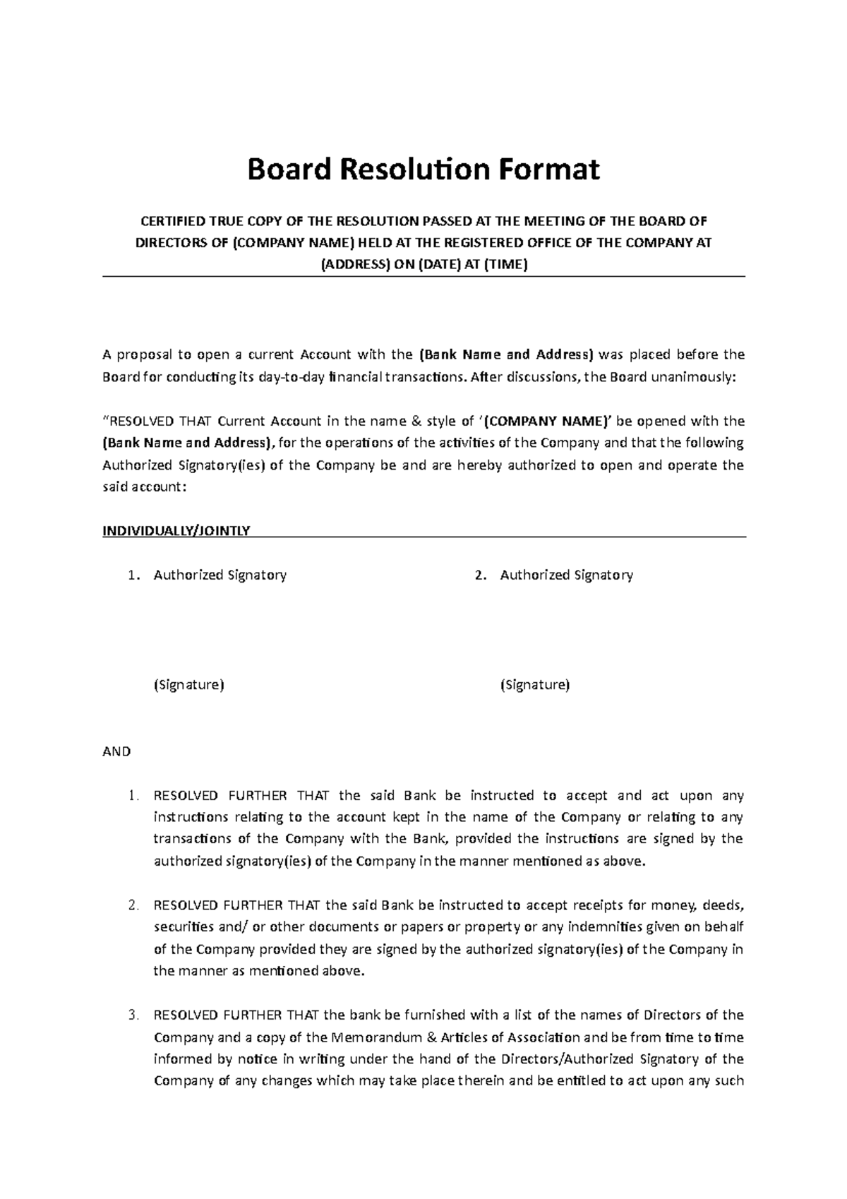 Resolution-Template - all - Board Resolution Format CERTIFIED TRUE COPY ...