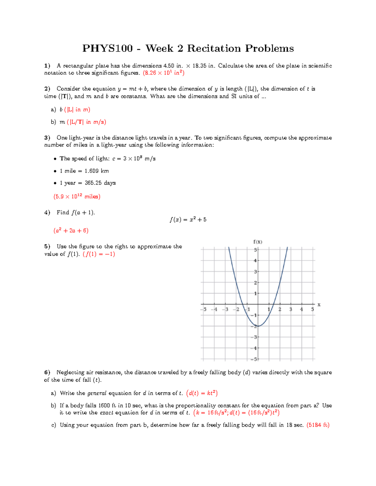 RP W2 - Recitation answers complete - PHYS100 - Week 2 Recitation ...