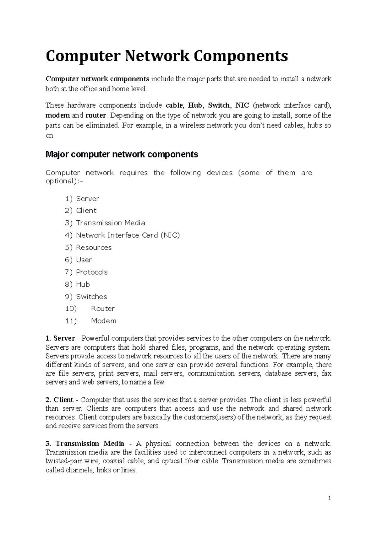 Comp Net Work Cmpnents Computer Network Components Computer Network