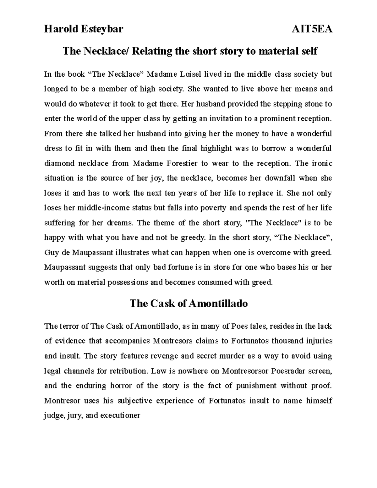 The Necklace- The Cask of Amontillado - Harold Esteybar AIT5EA The ...