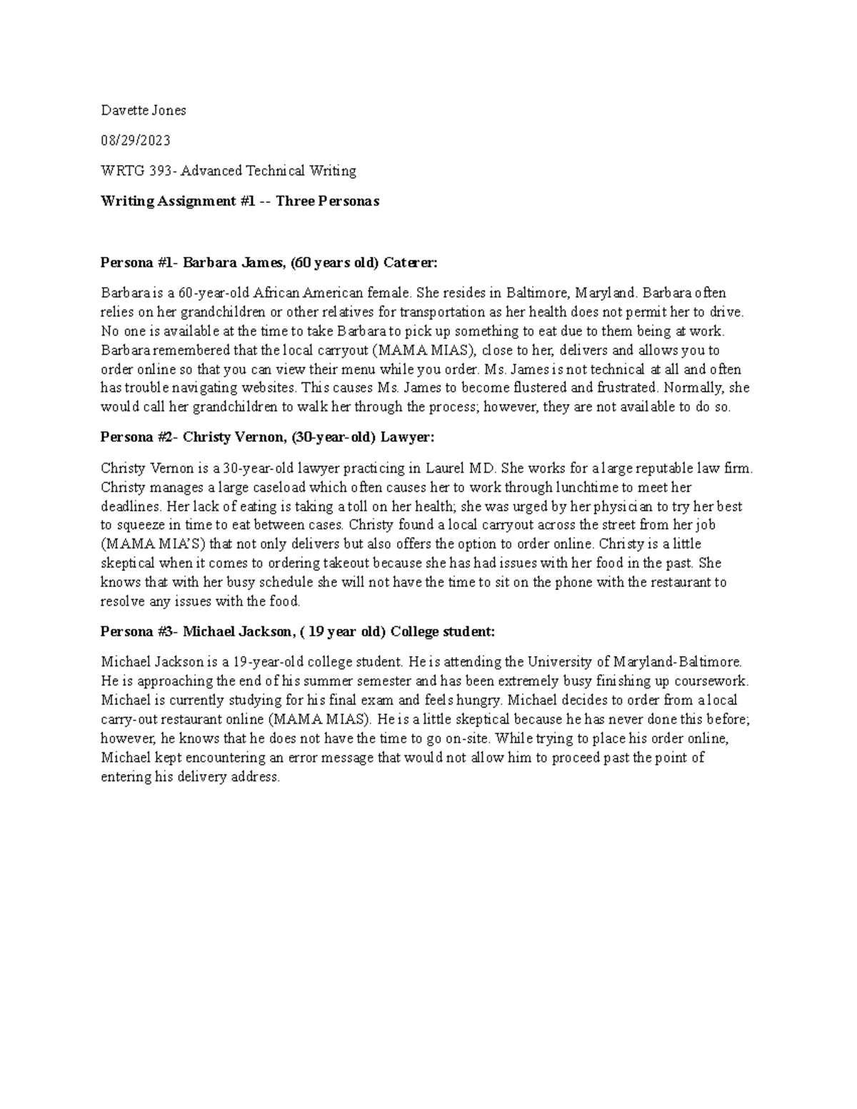 Writing Assignment #1 - Three Personas - Davette Jones 08/29/ WRTG 393 ...