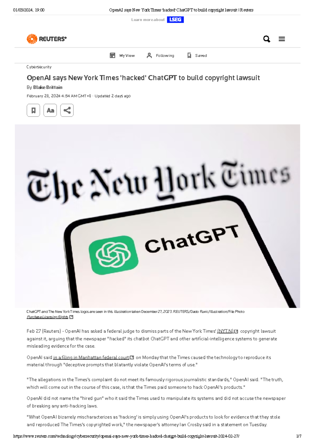 Open AI says New York Times 'hacked' Chat GPT to build copyright lawsuit Reuters - Learn more ...