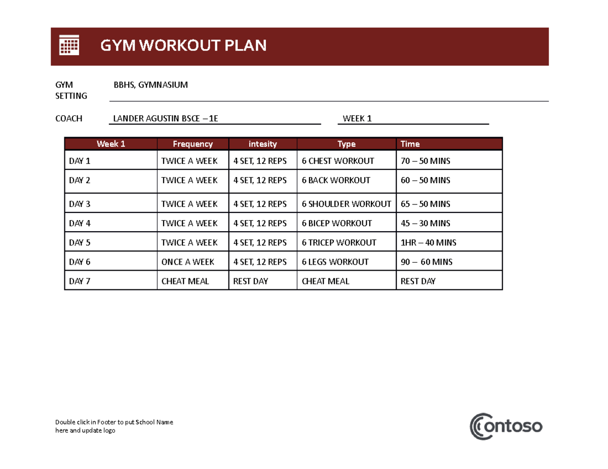 Workout-PLAN - P.E activity 1 - GYM WORKOUT PLAN GYM SETTING BBHS ...