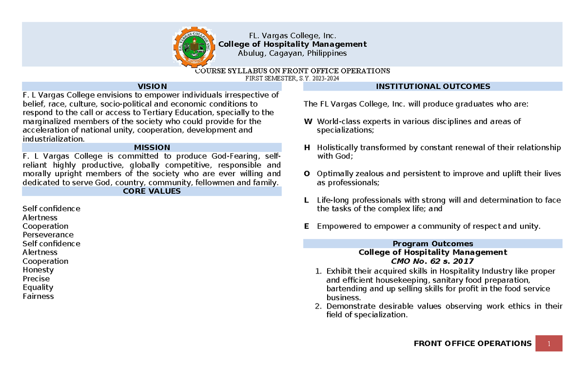 Front Office Operations (Repaired) - FL. Vargas College, Inc. College ...