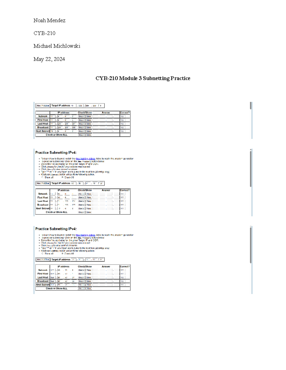 CYB-210 M3 Subnetting Practice - CYB210 - Noah Mendez CYB- Michael ...