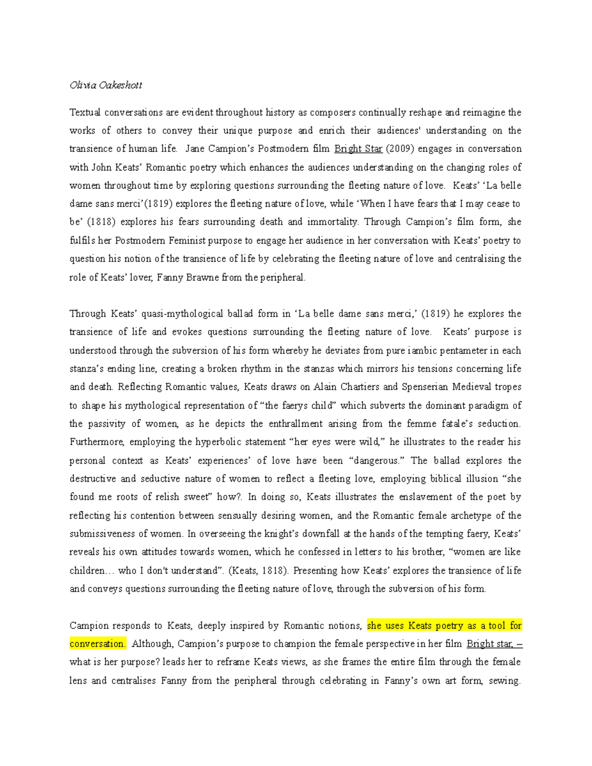 Mod A essay Keats and Campion - CLC Eltham - Studocu