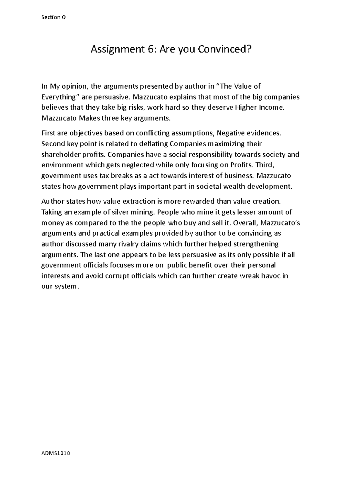 Assignment 6 Adms 1010 Section O Assignment 6 Are You Convinced In My Opinion The Arguments
