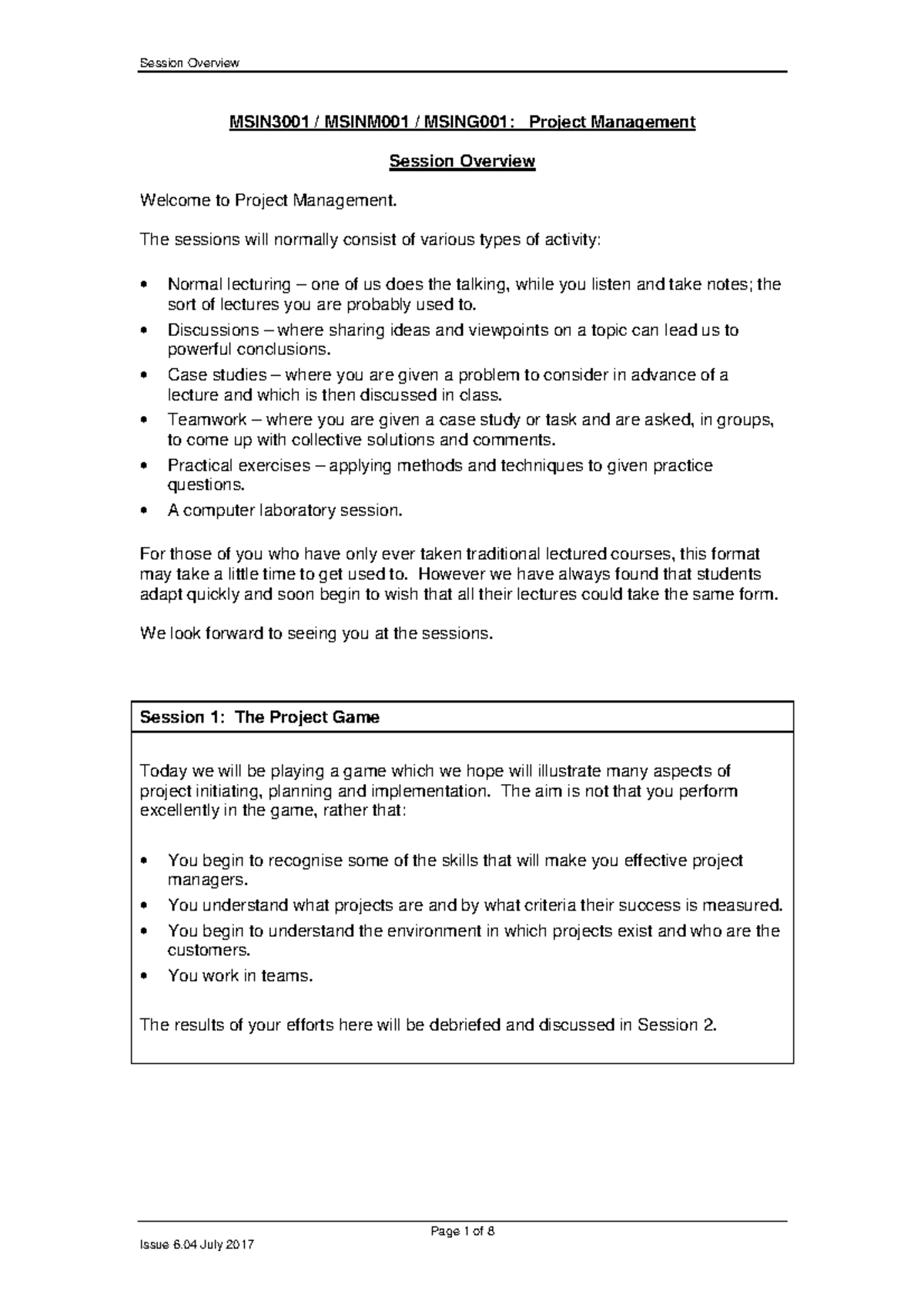 00 Session Plan and Overview 17-18 - Page 1 of 8 MSIN3001 / MSINM001 ...