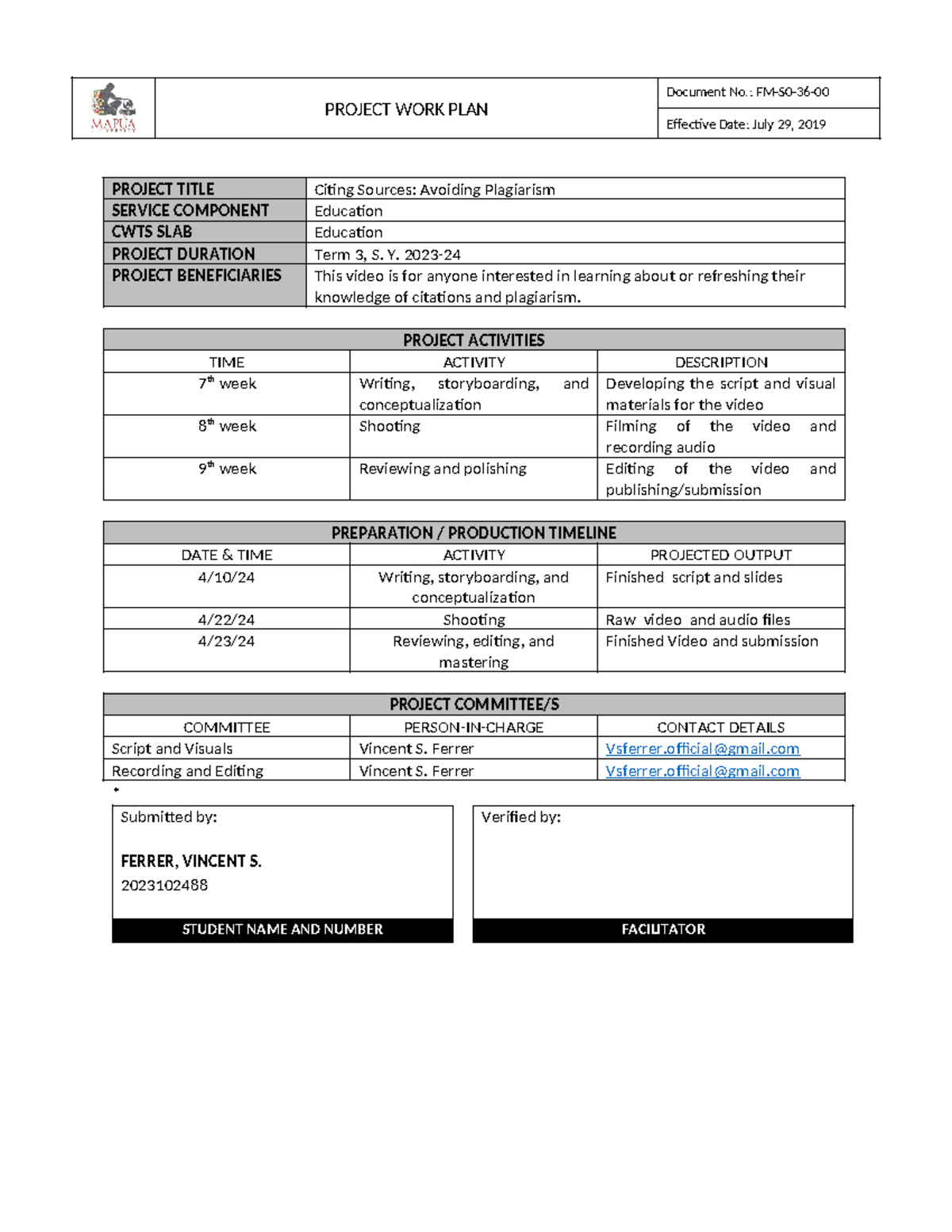 Project Work Plan Form - PROJECT WORK PLAN Document No.: FM-S0-36 ...