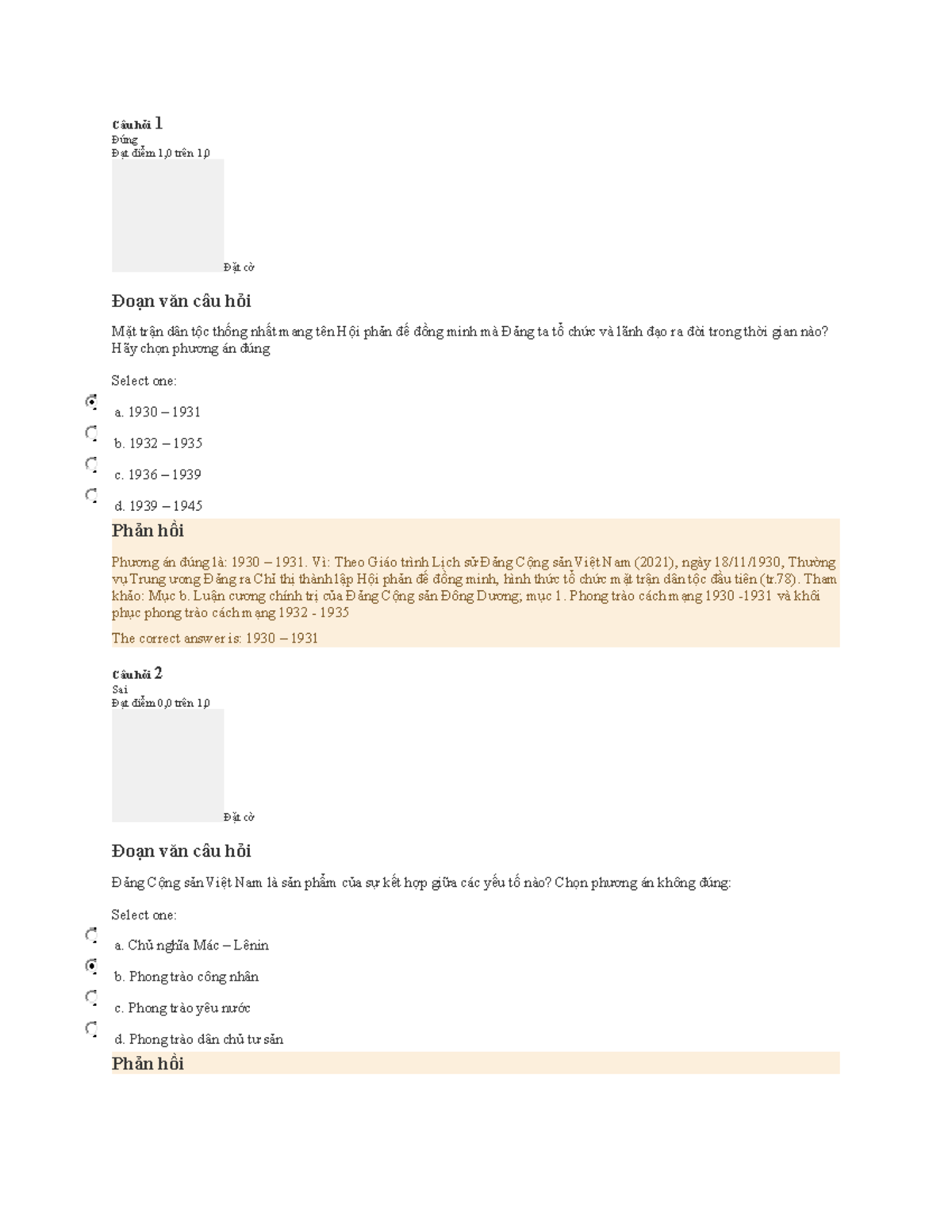 Lịch Sử Đảng Full - Đáp án các bài luyện tập hệ từ xa môn Lịch Sử Đảng CSVN - Câu hỏi 1 Đúng Đạt ...