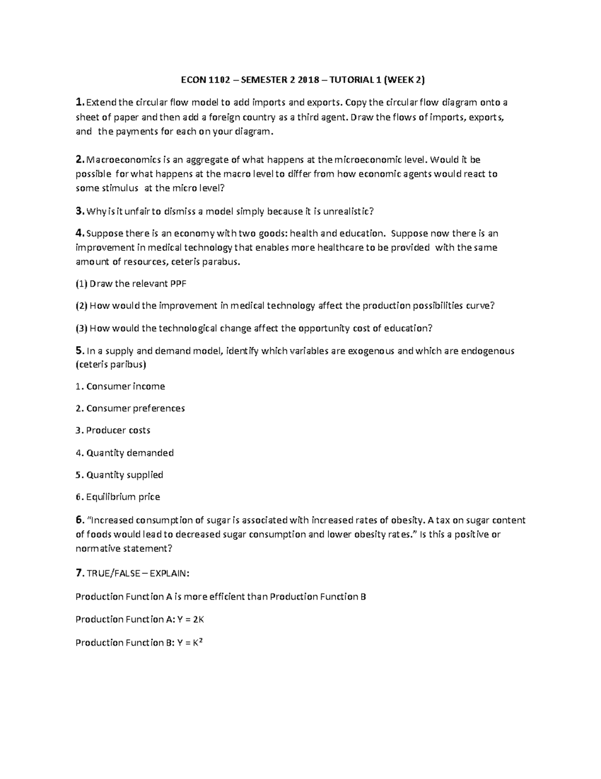 TUTE 1 - Week 2 - 2018 S2 - ECON 1102 – SEMESTER 2 2018 – TUTORIAL 1 ...