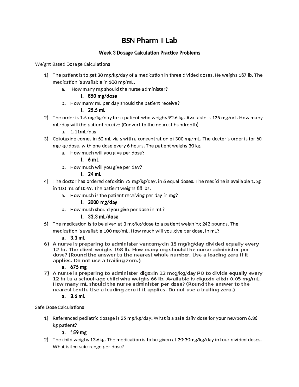 Pharm II Lab-Week 3 questions - BSN Pharm II Lab Week 3 Dosage ...