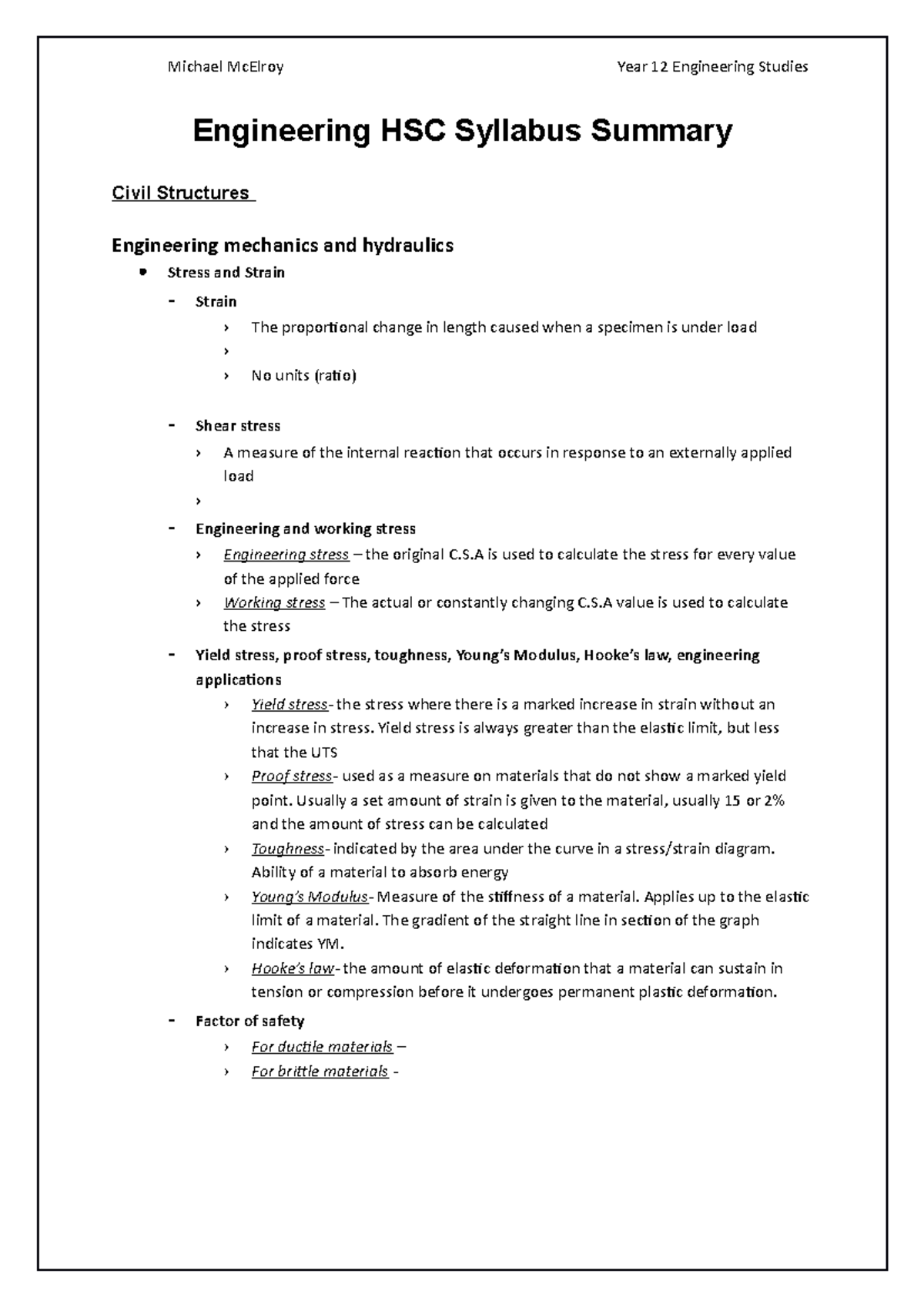 Engineering Studies Notes - Engineering HSC Syllabus Summary Civil ...