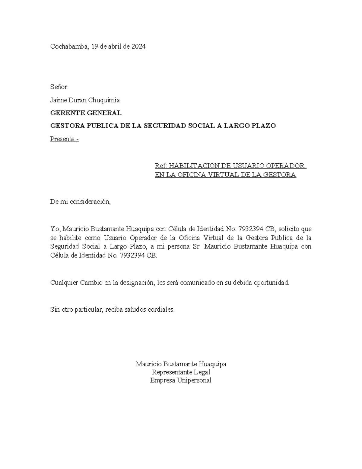 Carta Gestora Publica - Cochabamba, 19 de abril de 2024 Señor: Jaime ...