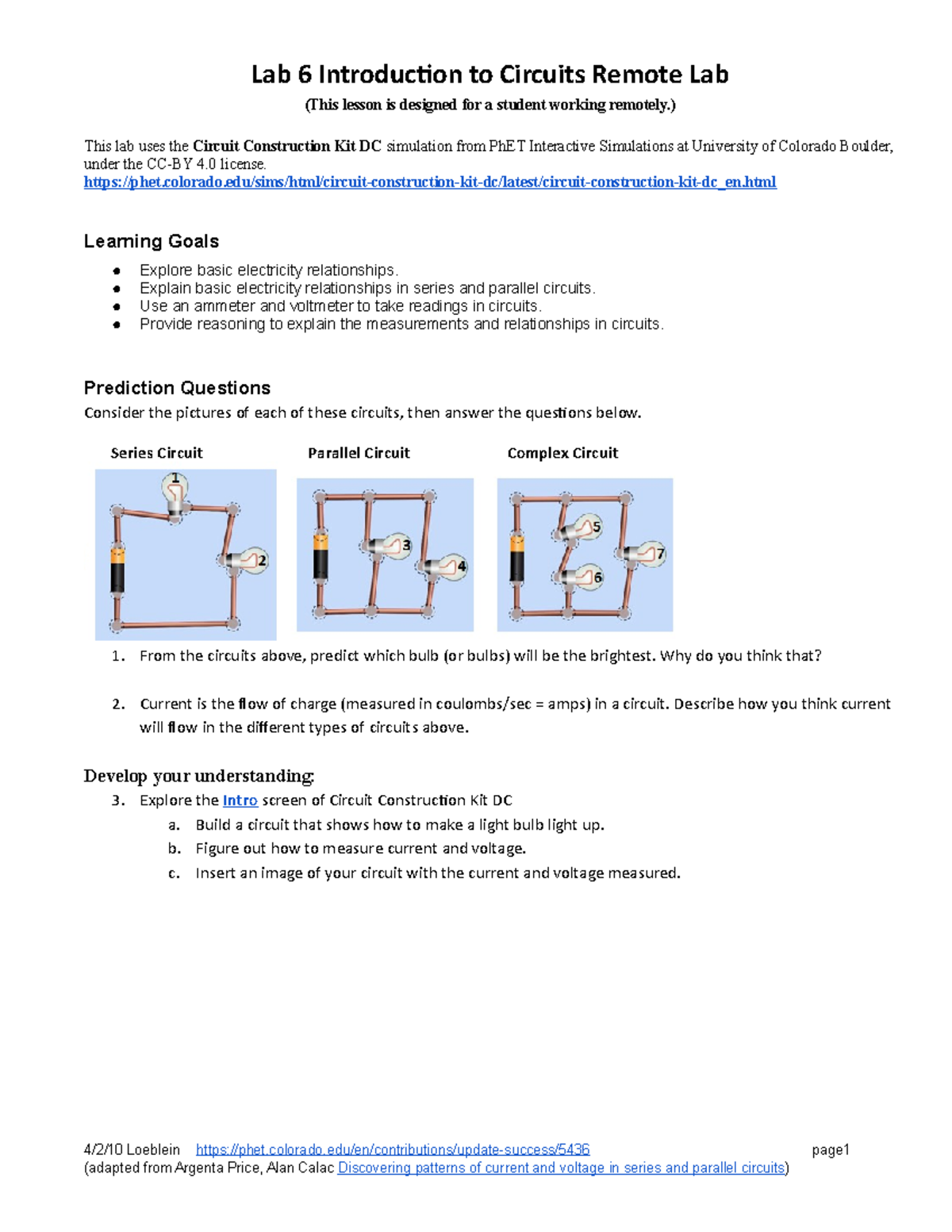 Lab 6 Introduction to Circuits Remote Lab - ) This lab uses the Circuit Construction Kit DC ...