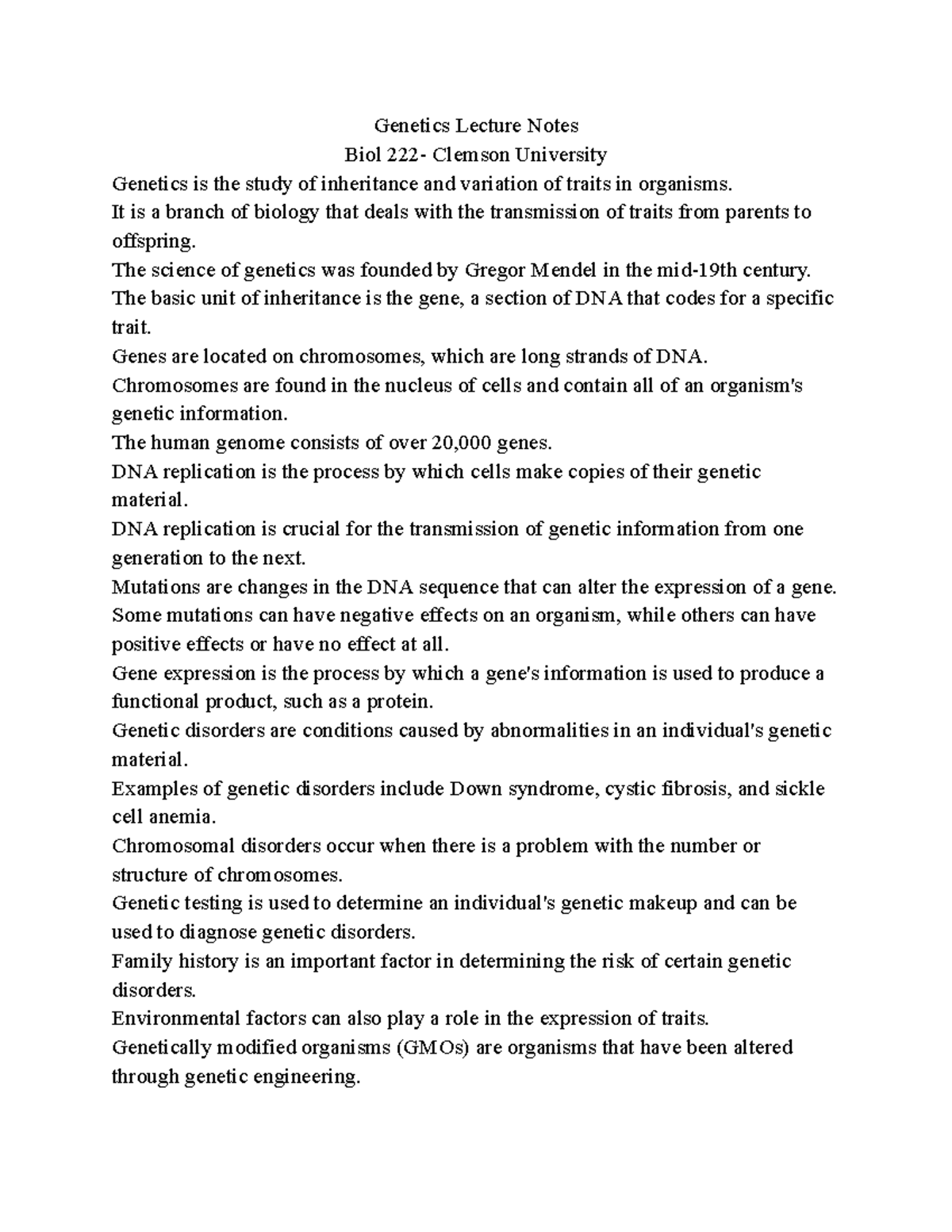 Genetics Lecture Notes - Genetics Lecture Notes Biol 222- Clemson ...
