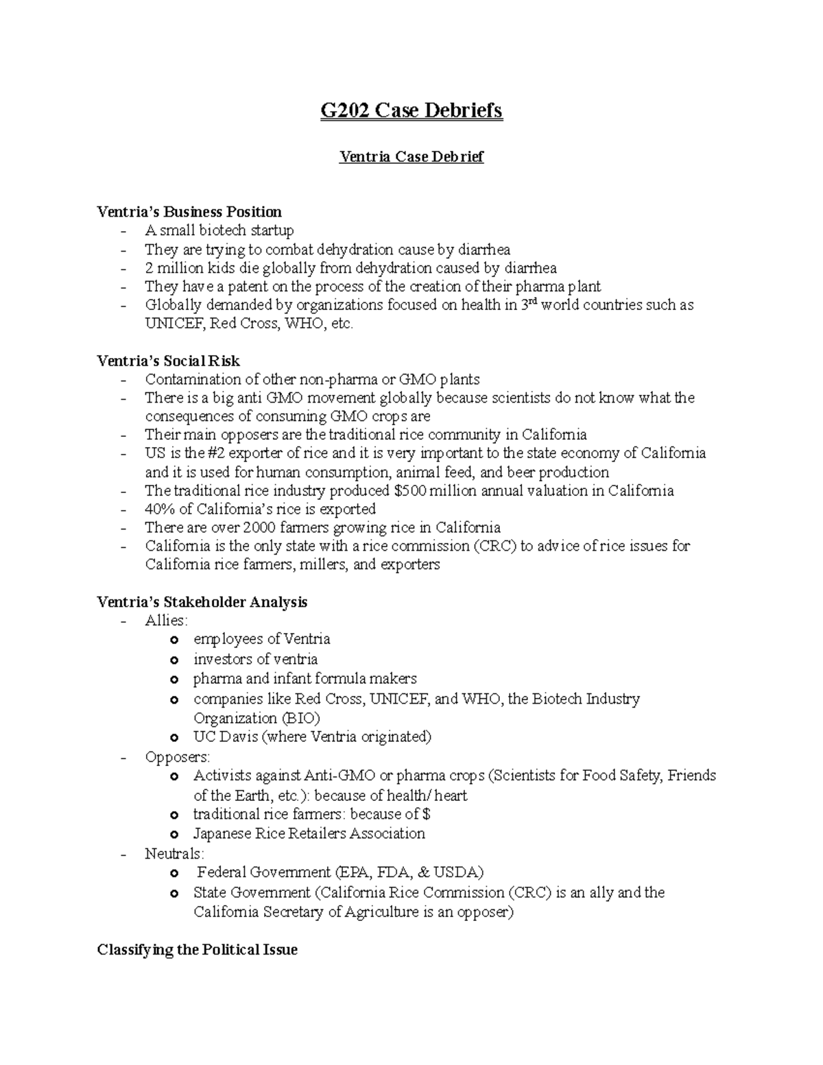 G202 Case Debriefs - G202 Case Debriefs Ventria Case Debrief Ventria’s ...