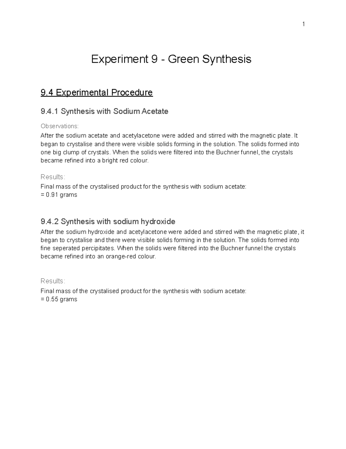 E9 Logbook - Experiment 9 - Green Synthesis - Experiment 9 - Green ...