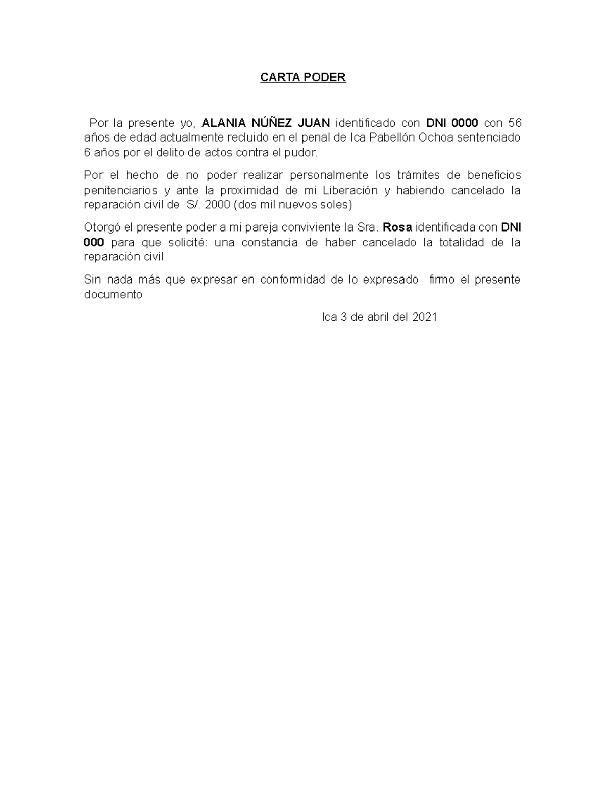 Modelo de Carta Poder, trámites de beneficios penitenciarios y la ...