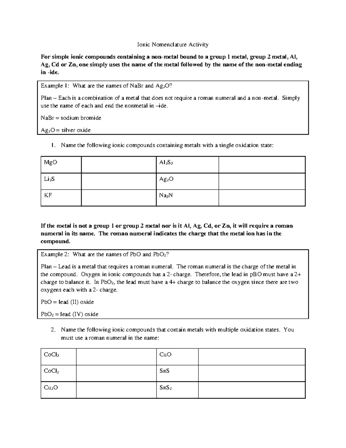 4.c Ionic Nomenclature - Ionic Nomenclature Activity For simple ionic ...