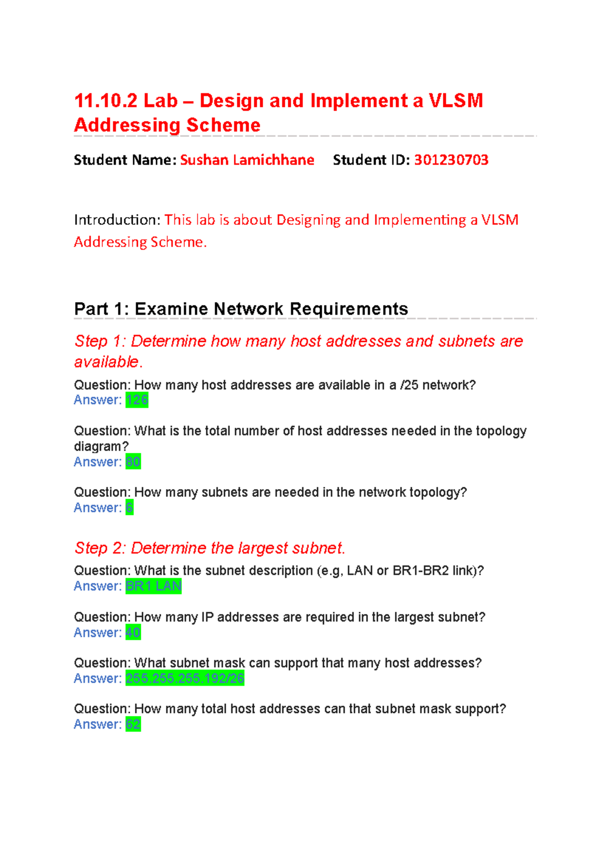 Lab 11.10.2 Assignment - 11.10 Lab – Design and Implement a VLSM Addressing Scheme Student Name ...