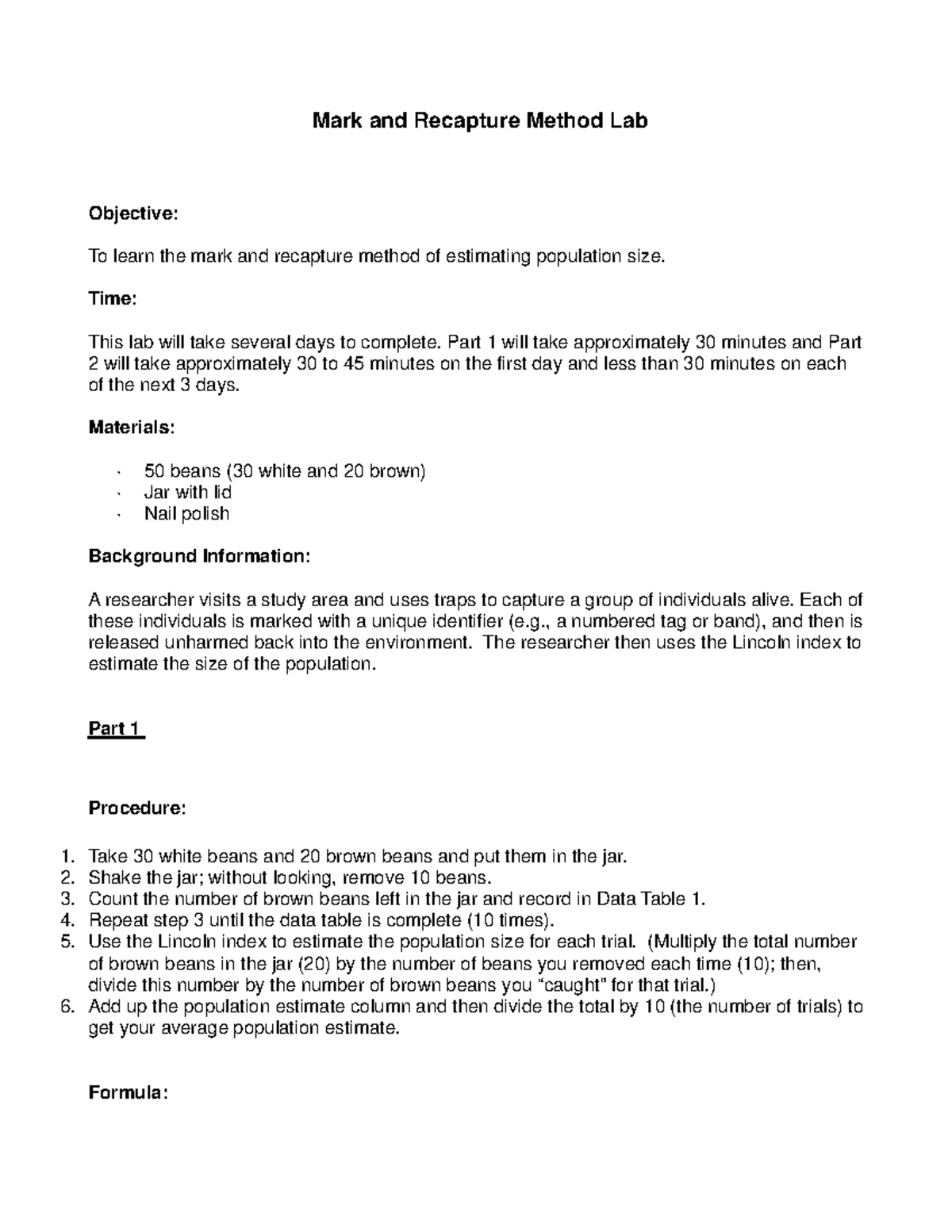 mark and recapture method note - Time: This lab will take several days ...