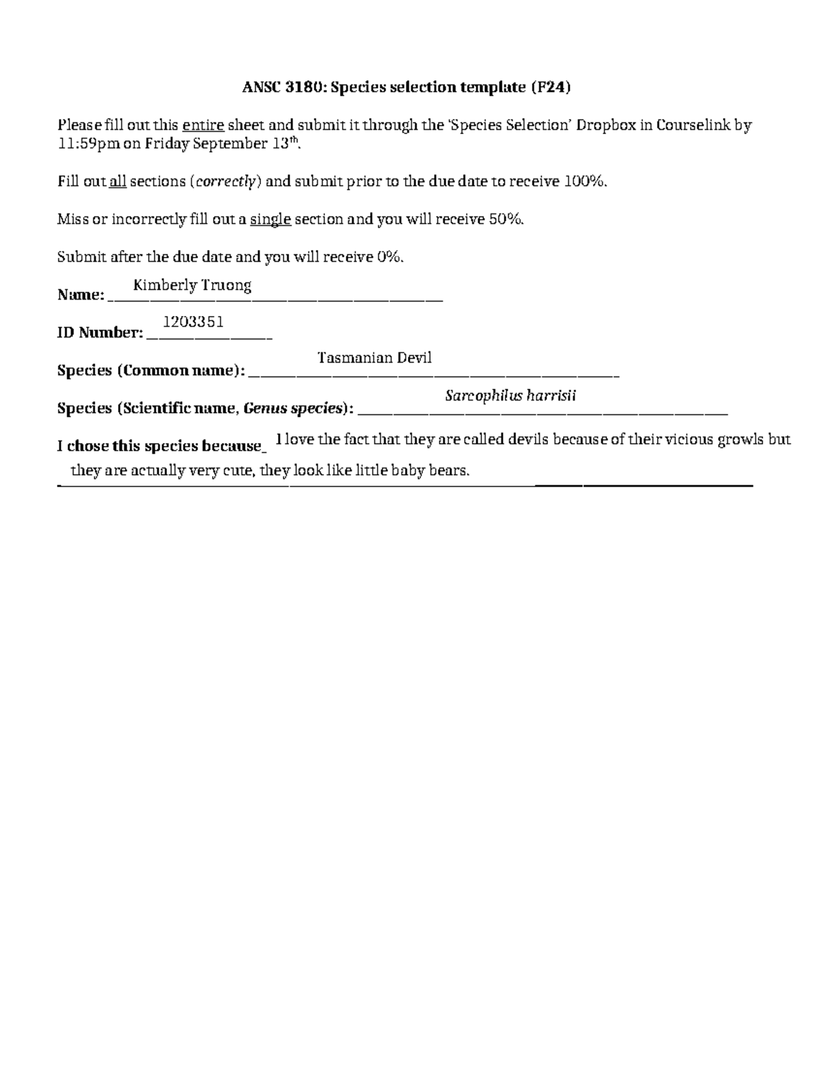 Species Selection Template (F24) - ANSC 3180: Species selection ...