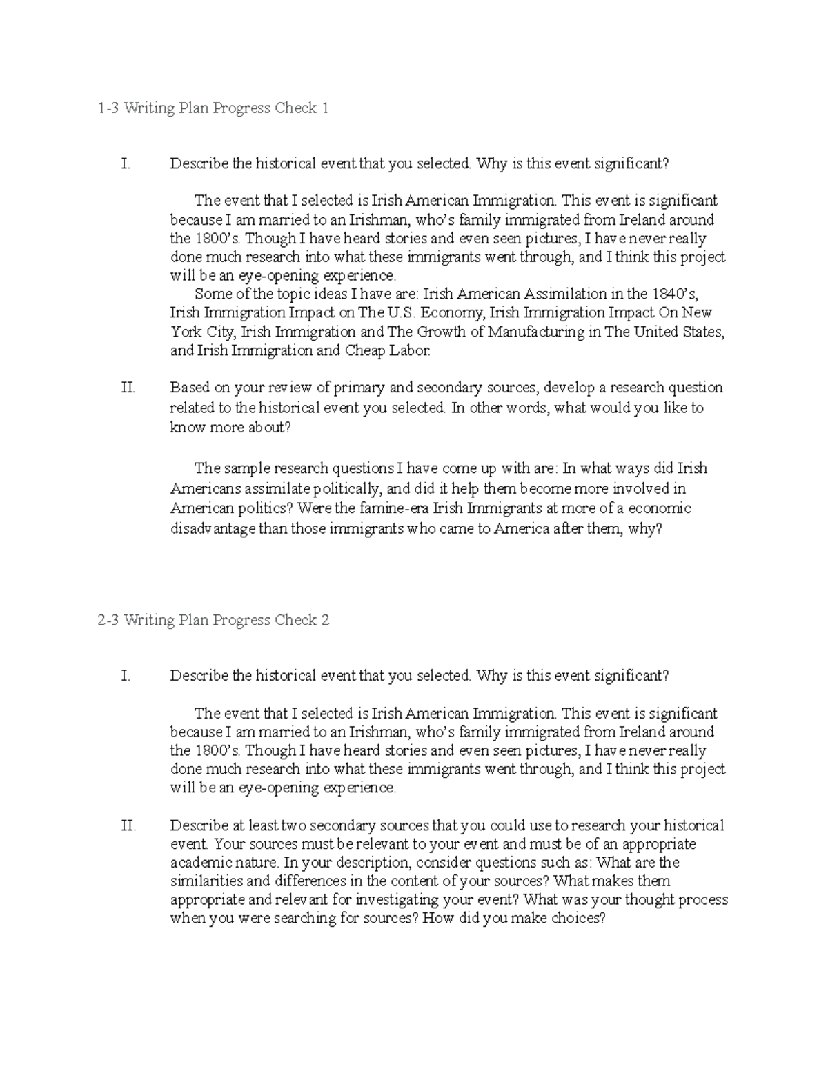 Writing Plan For Applied History - 1-3 Writing Plan Progress Check 1 I ...