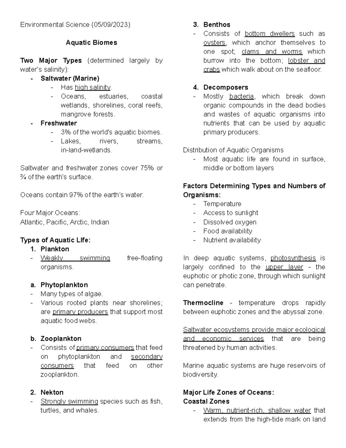 Environmental Science - Aquatic-Biomes - Environmental Science (05/09 ...